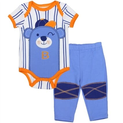 Buster Brown Bear Wearing Baseball Cap On White Onesie And Blue Pants
